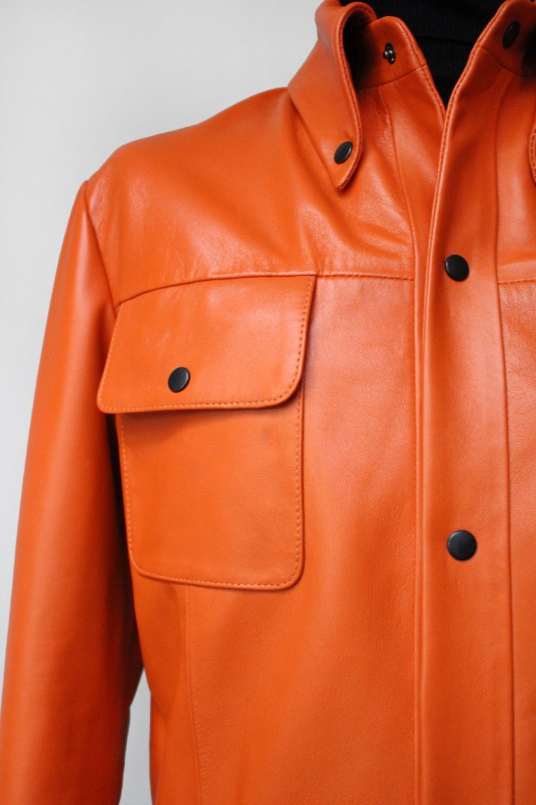 Nappa leather tangerine orange popper jacket – Mendoza Menswear